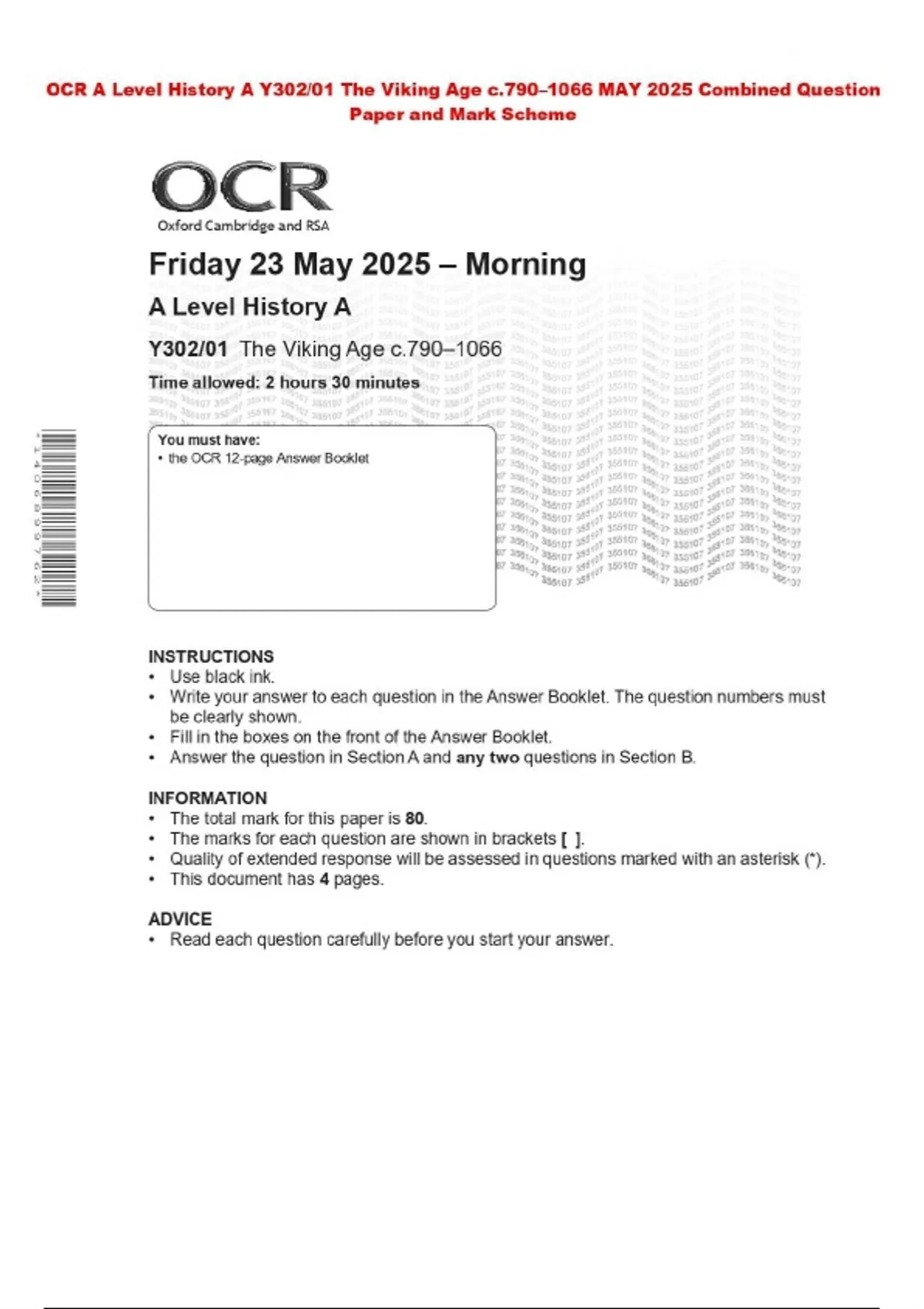 OCR A Level History A Y302/01 The Viking Age c.790–1066 MAY 2025 ...