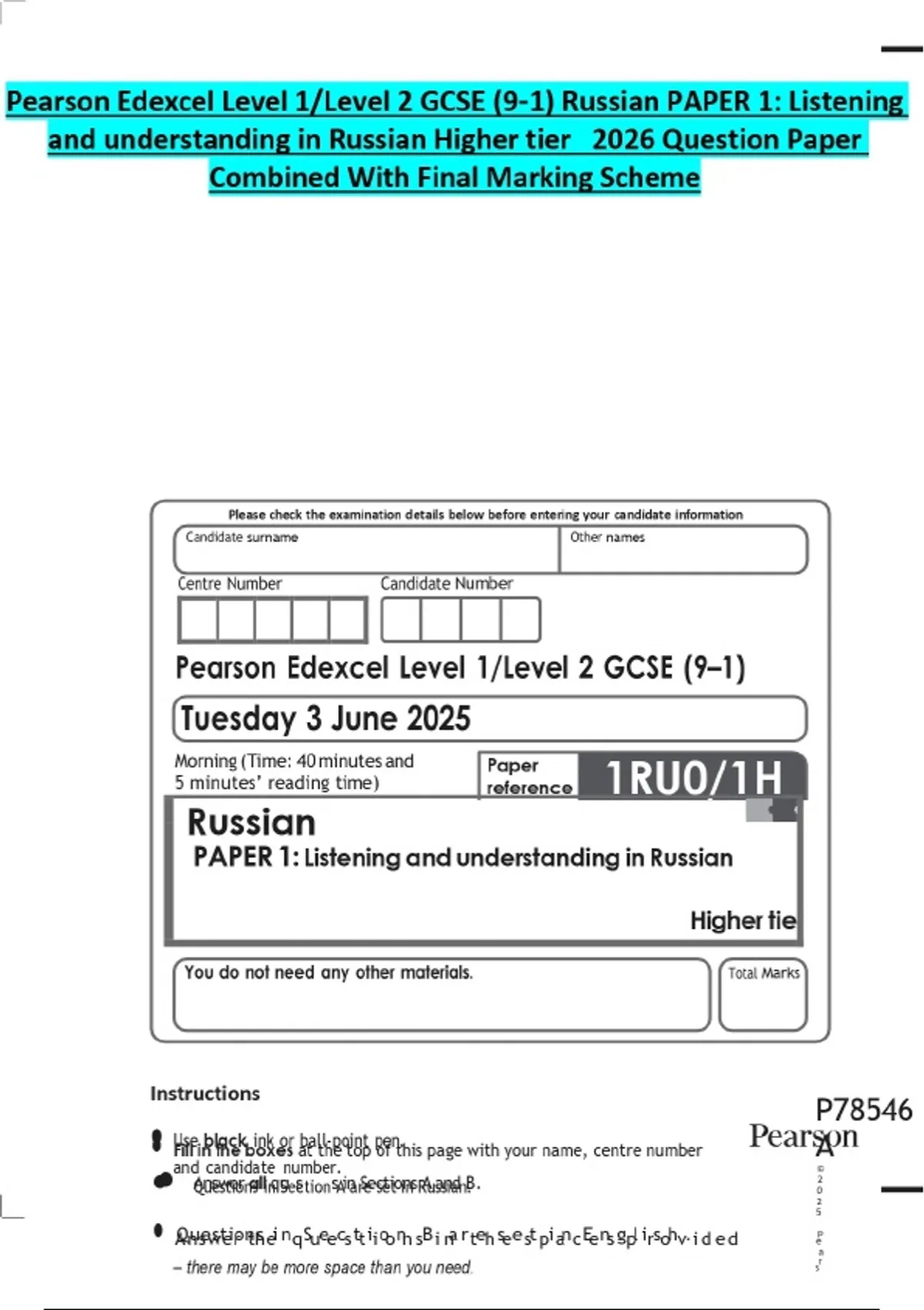 Pearson Edexcel Level 1/Level 2 GCSE (9–1) Russian PAPER 1: Listening ...
