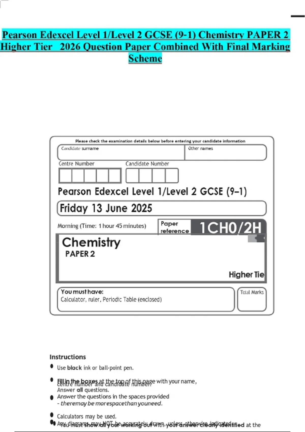 Pearson Edexcel Level 1/Level 2 GCSE (9–1) Chemistry PAPER 2 Higher ...
