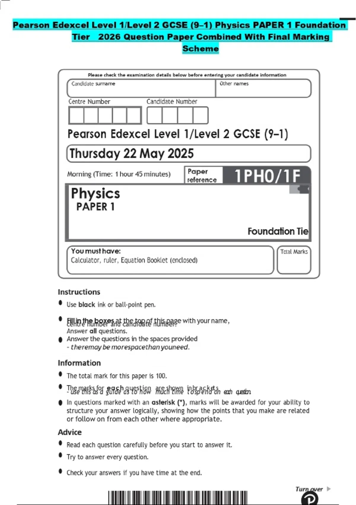 Pearson Edexcel Level 1/Level 2 GCSE (9–1) Physics PAPER 1 Foundation ...