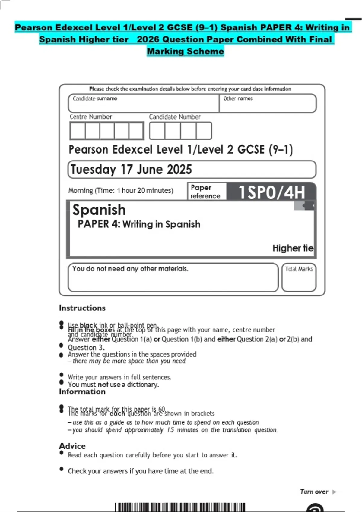 Pearson Edexcel Level 1/Level 2 GCSE (9–1) Spanish PAPER 4: Writing in ...