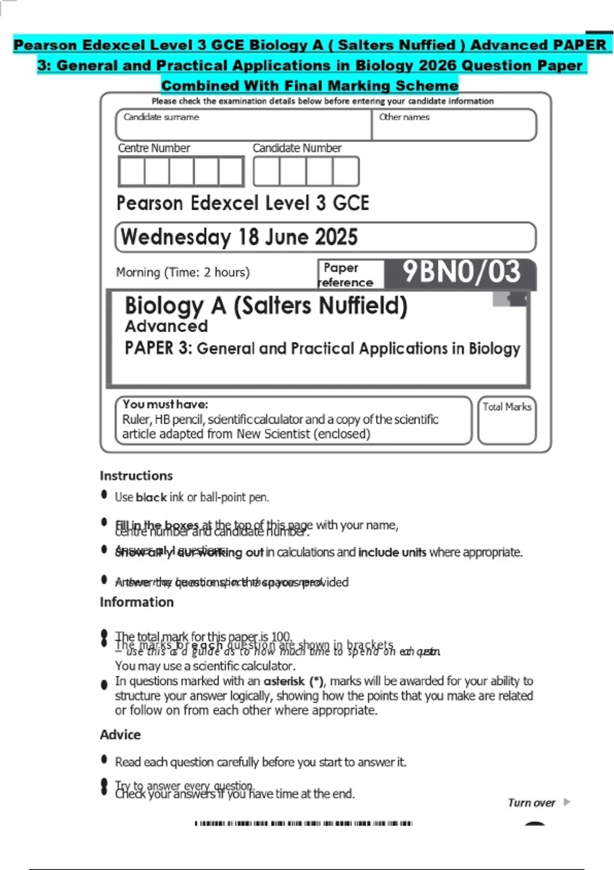 Pearson Edexcel Level 3 GCE Biology A ( Salters Nuffied ) Advanced ...