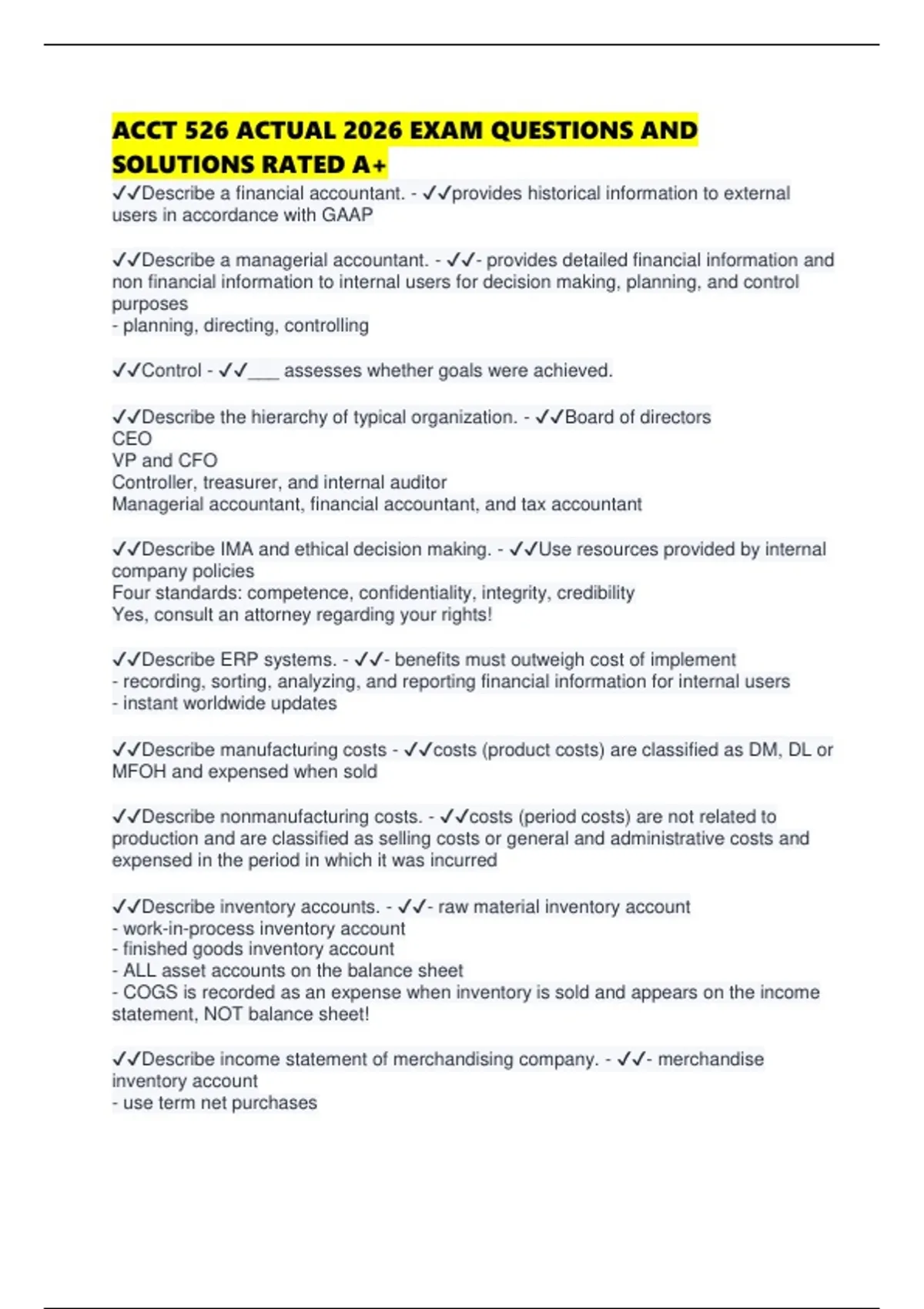 ACCT 526 ACTUAL 2026 EXAM QUESTIONS AND SOLUTIONS RATED A+ - ACCT 526 ...