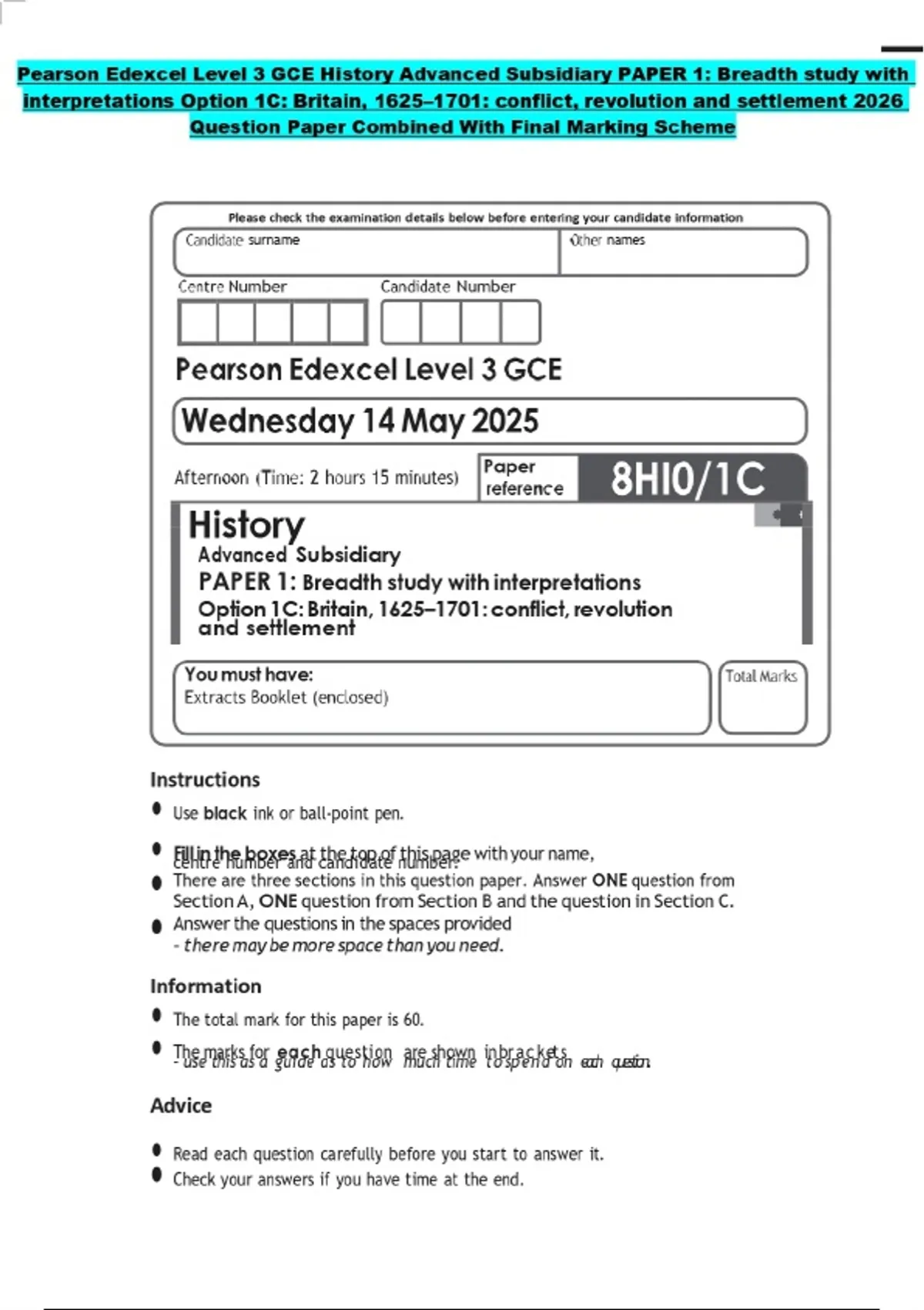 Pearson Edexcel Level 3 GCE History Advanced Subsidiary PAPER 1 ...