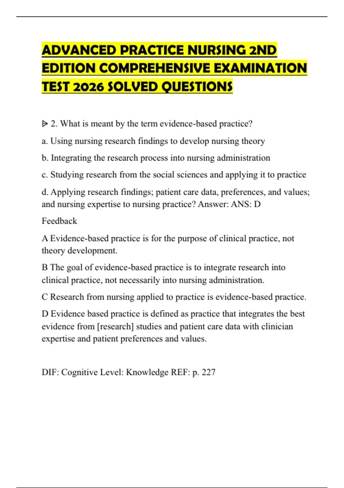 ADVANCED PRACTICE NURSING 2ND EDITION COMPREHENSIVE EXAMINATION TEST ...