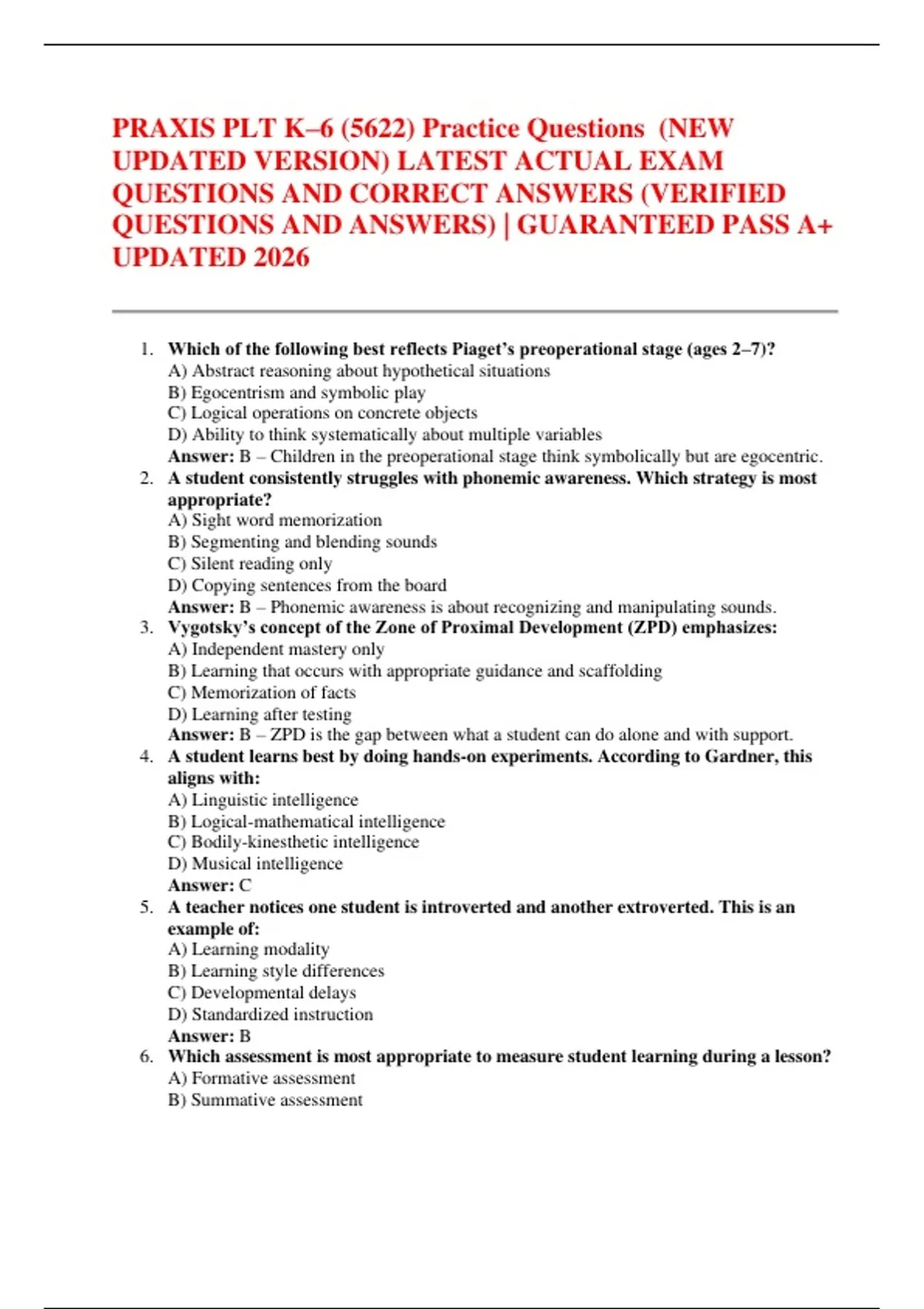 PRAXIS PLT K–6 (5622) Exam Preparation 2026 – Updated Practice ...