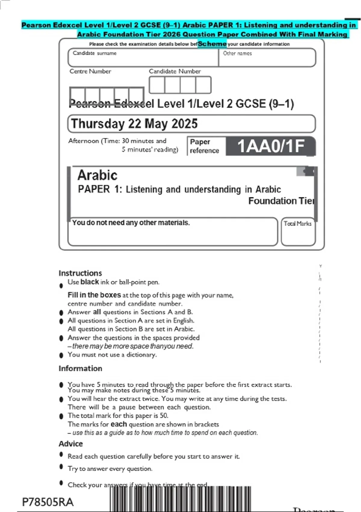 Pearson Edexcel Level 1/Level 2 GCSE (9–1) Arabic PAPER 1: Listening ...