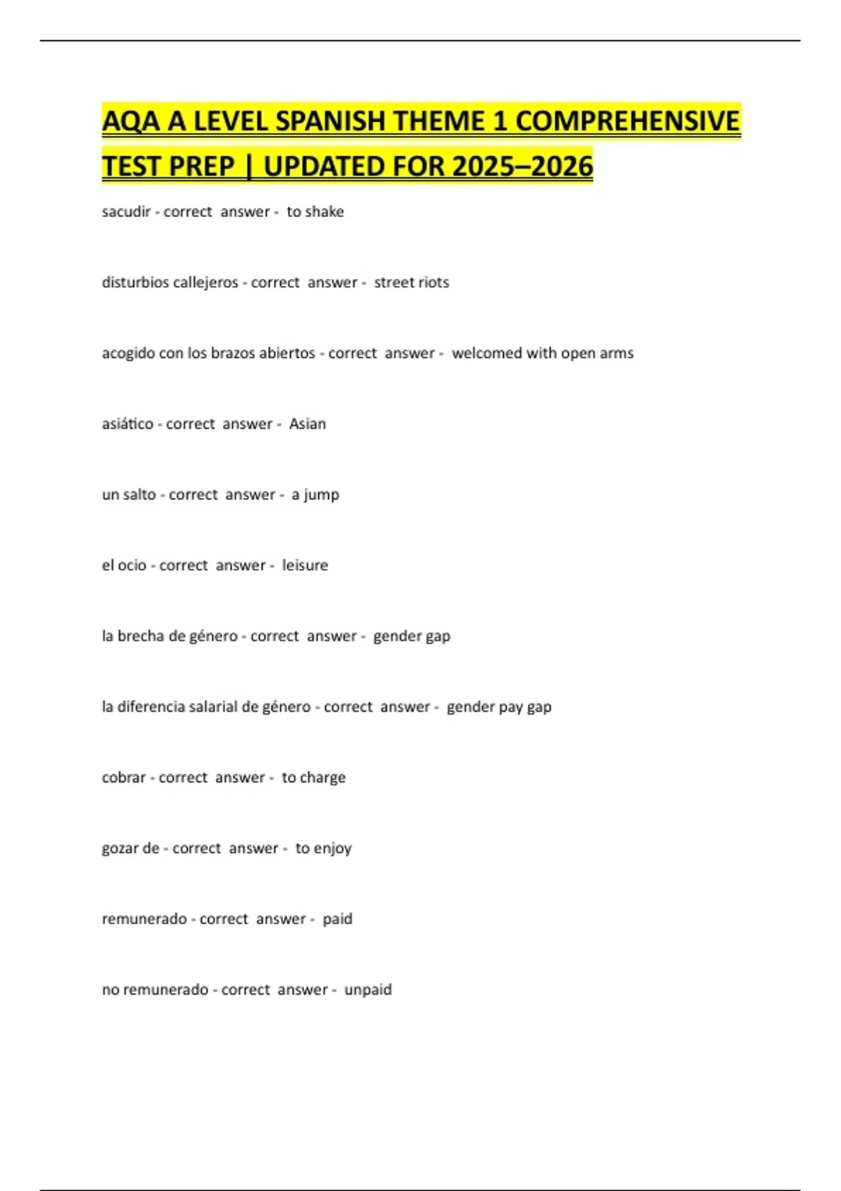 AQA A LEVEL SPANISH THEME 1 COMPREHENSIVE TEST PREP | UPDATED FOR 2025 ...