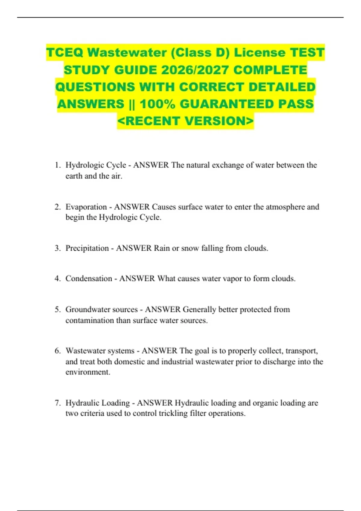 TCEQ Wastewater (Class D) License TEST STUDY GUIDE 2026/2027 COMPLETE ...