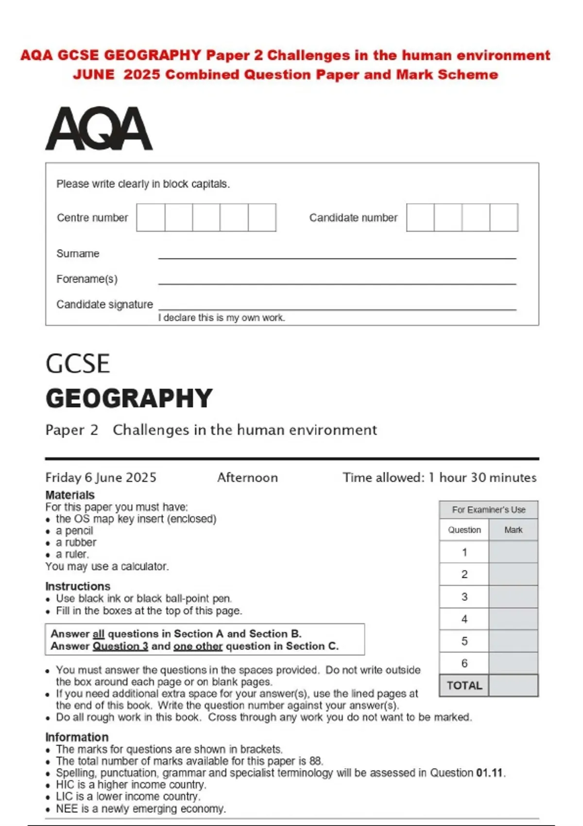 AQA GCSE GEOGRAPHY Paper 2 Challenges in the human environment JUNE ...