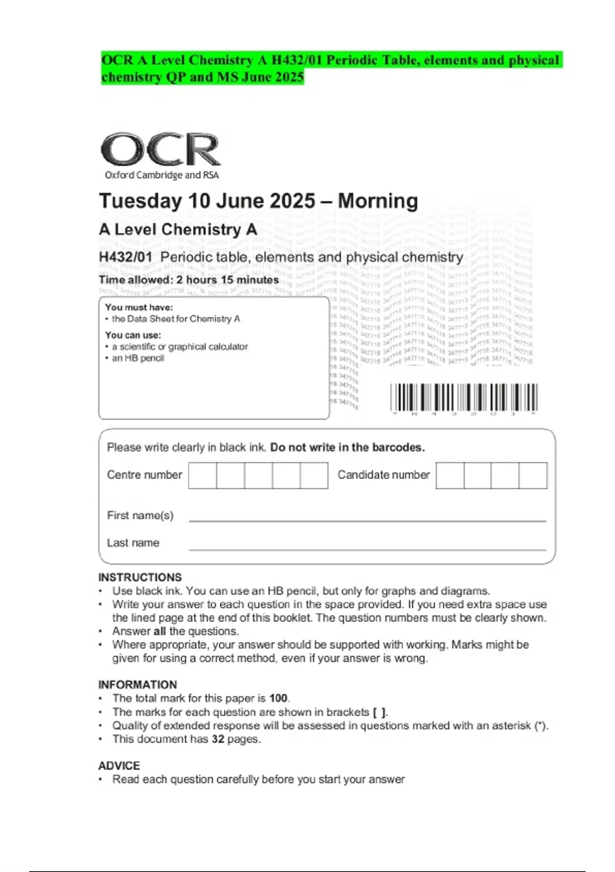 OCR A Level Chemistry A H432/01 Periodic Table, elements and physical ...