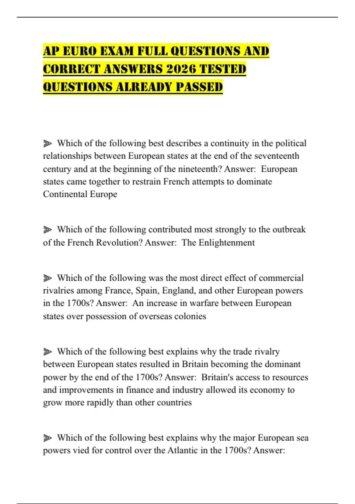 AP EURO EXAM FULL QUESTIONS AND CORRECT ANSWERS 2026 TESTED QUESTIONS ...