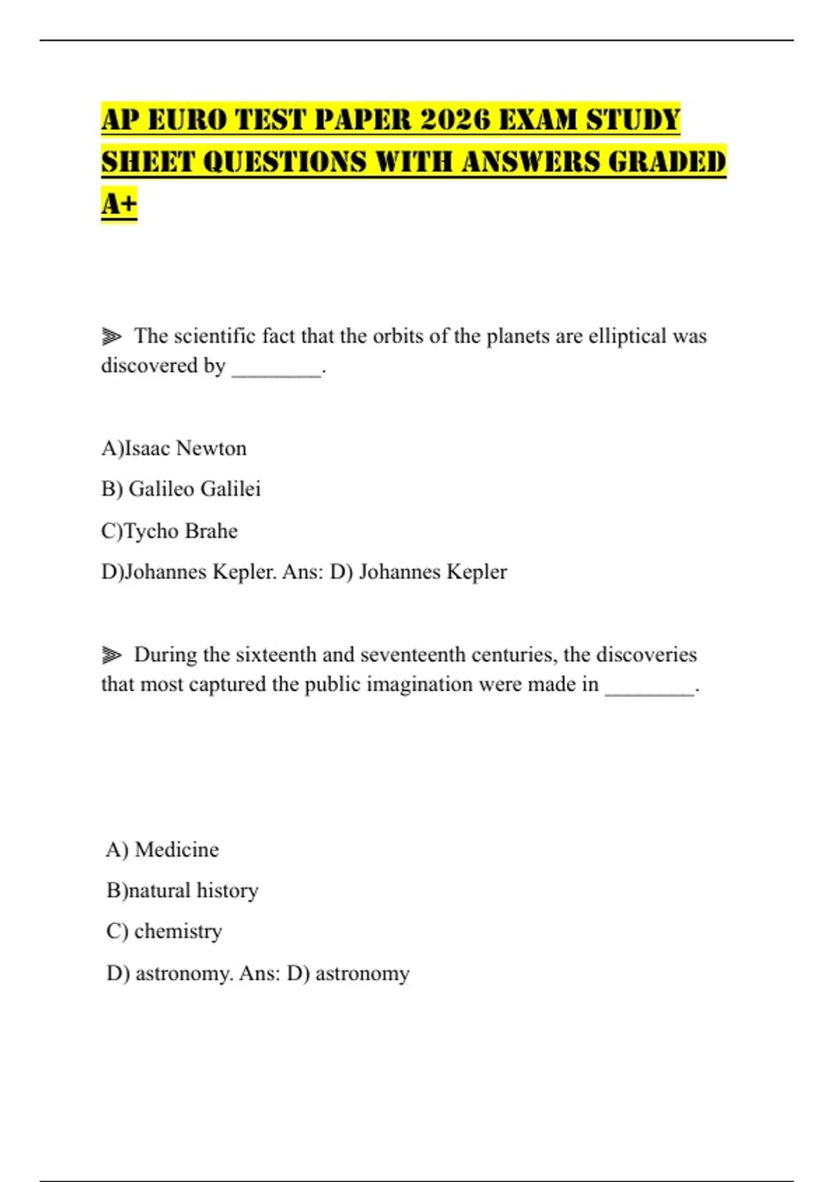 AP EURO TEST PAPER 2026 EXAM STUDY SHEET QUESTIONS WITH ANSWERS GRADED ...