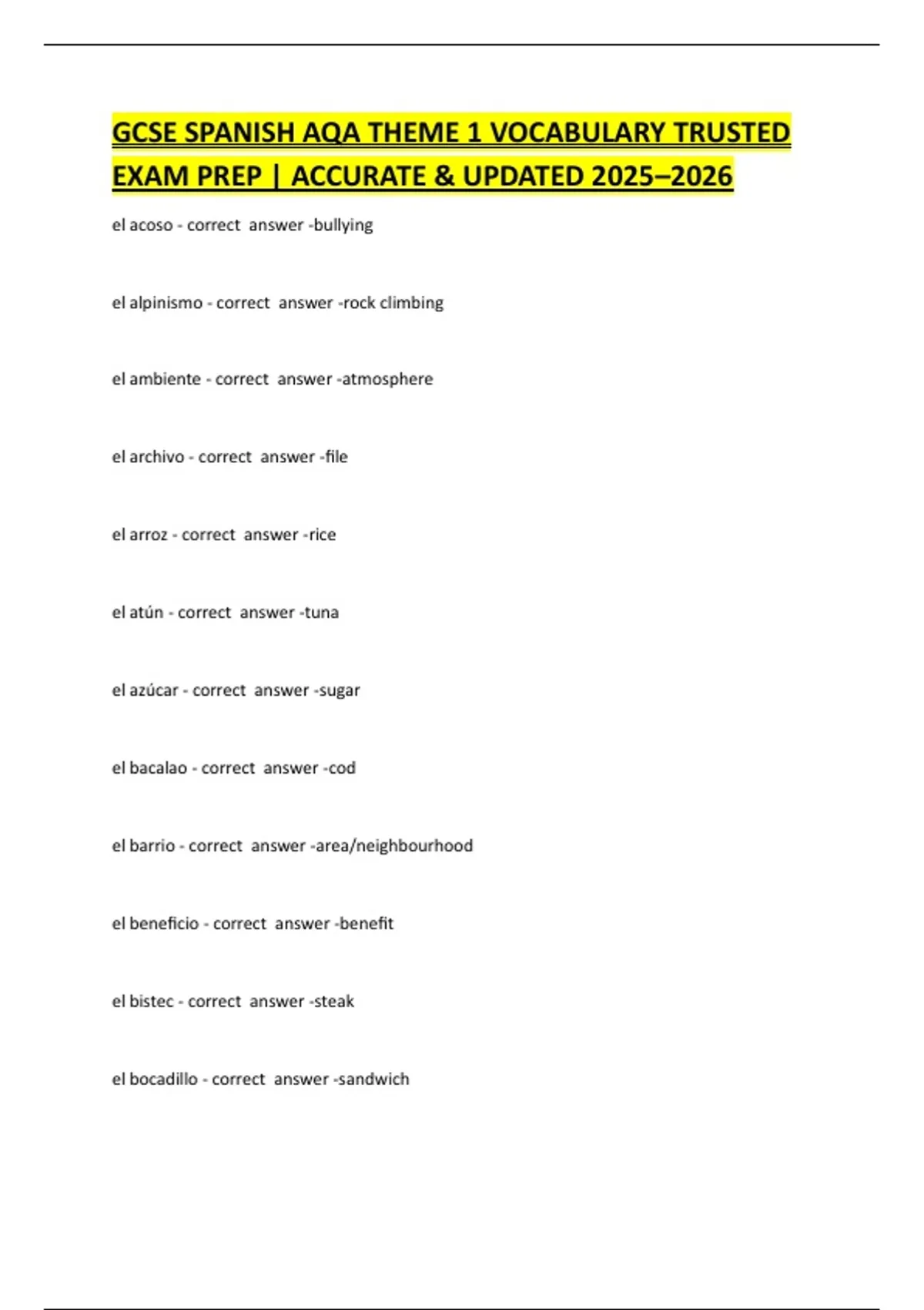 GCSE SPANISH AQA THEME 1 VOCABULARY TRUSTED EXAM PREP | ACCURATE ...