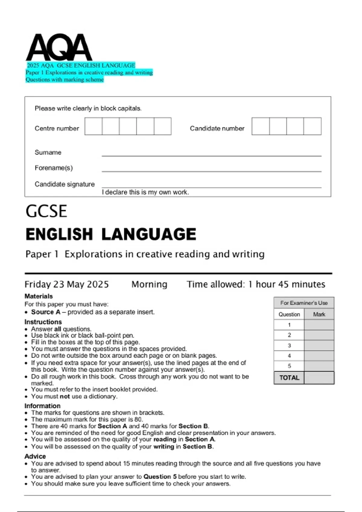 2025 AQA GCSE ENGLISH LANGUAGE Paper 1 Explorations in creative reading ...