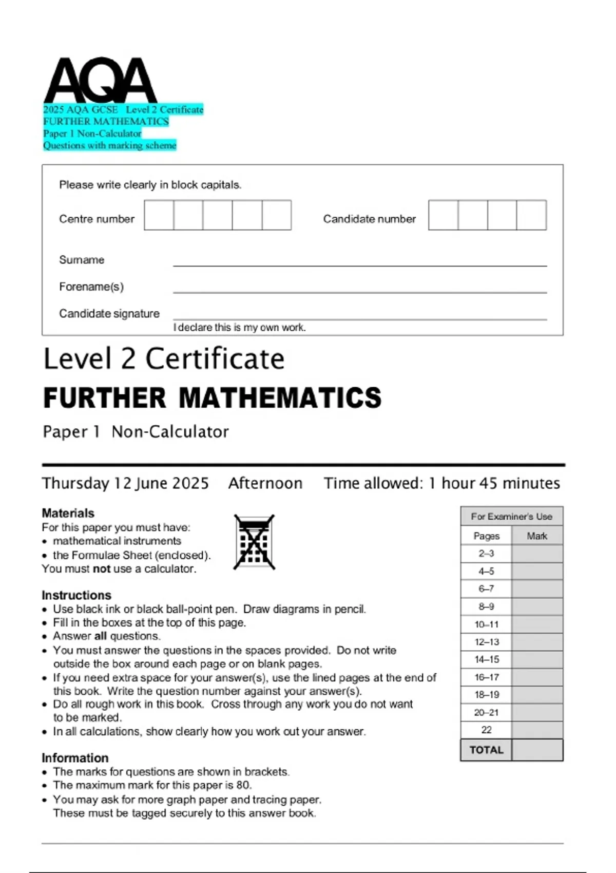 2025 AQA GCSE Level 2 Certificate FURTHER MATHEMATICS Paper 1 Non ...