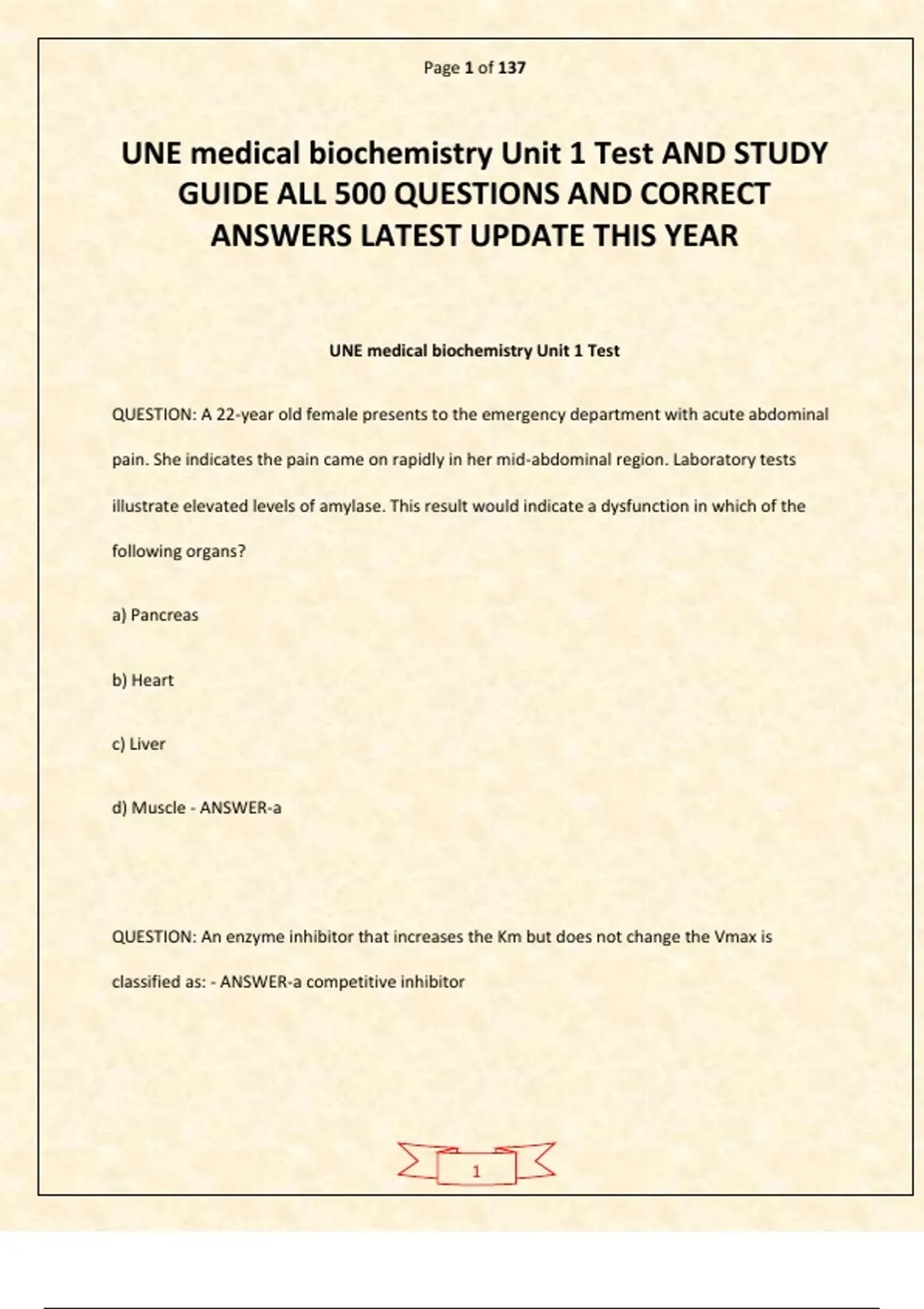 UNE medical biochemistry Unit 1 Test AND STUDY GUIDE ALL 500 QUESTIONS ...