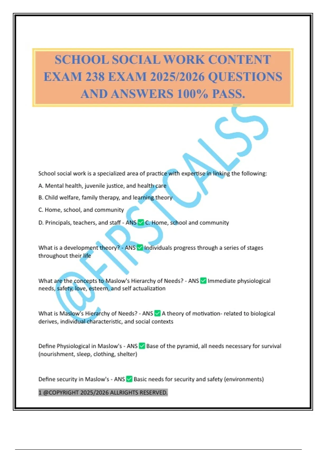 SCHOOL SOCIAL WORK CONTENT EXAM 238 EXAM 2025/2026 QUESTIONS AND ...