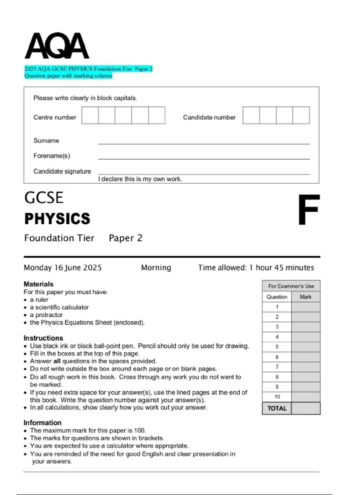 2025 AQA GCSE PHYSICS Foundation Tier Paper 2 Combined exam paper and ...