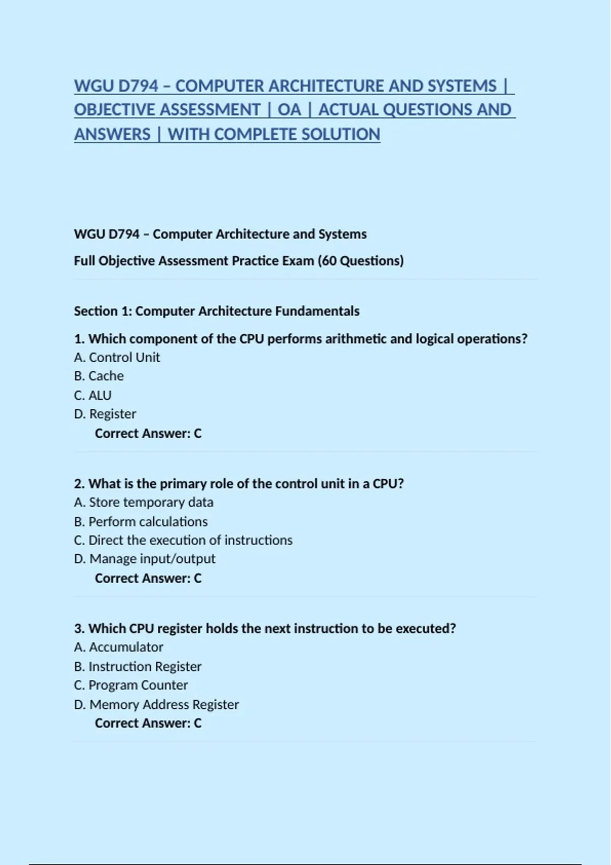 WGU D794 – COMPUTER ARCHITECTURE AND SYSTEMS | OBJECTIVE ASSESSMENT ...