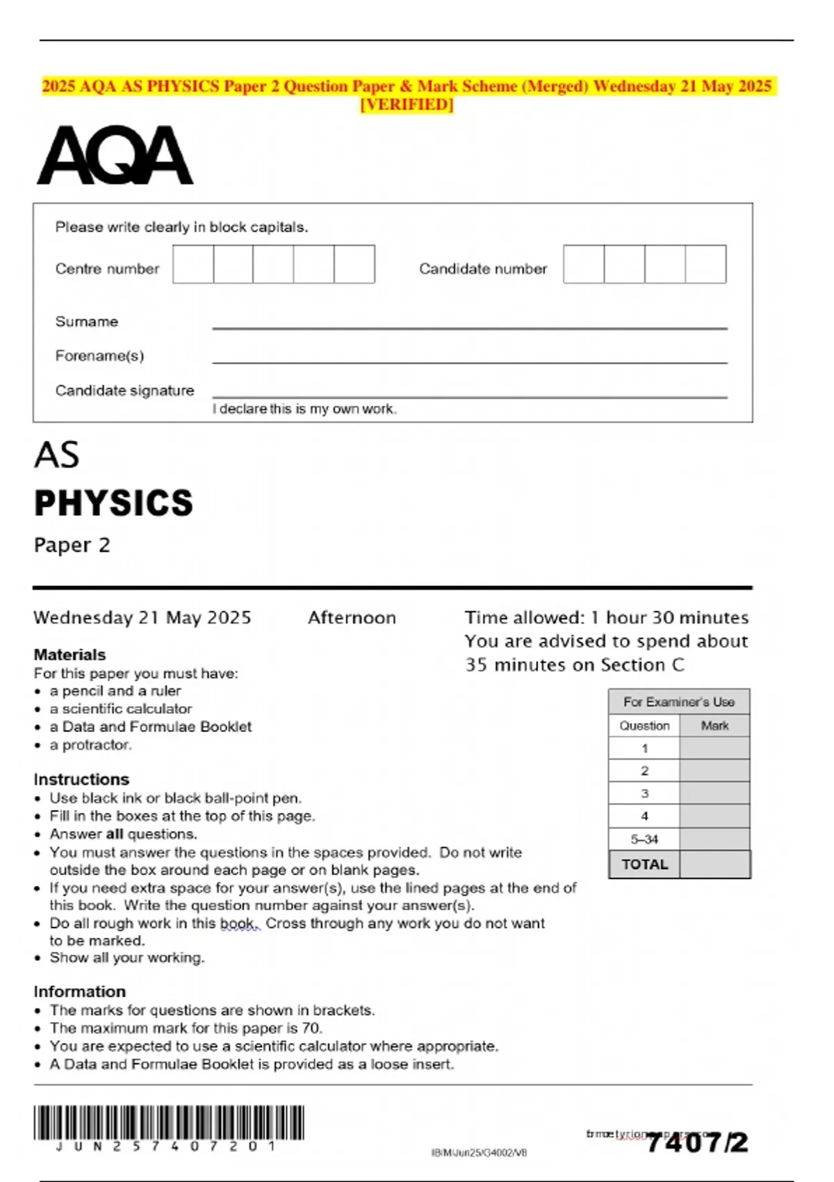 2025 AQA AS PHYSICS Paper 2 Question Paper & Mark Scheme (Merged ...