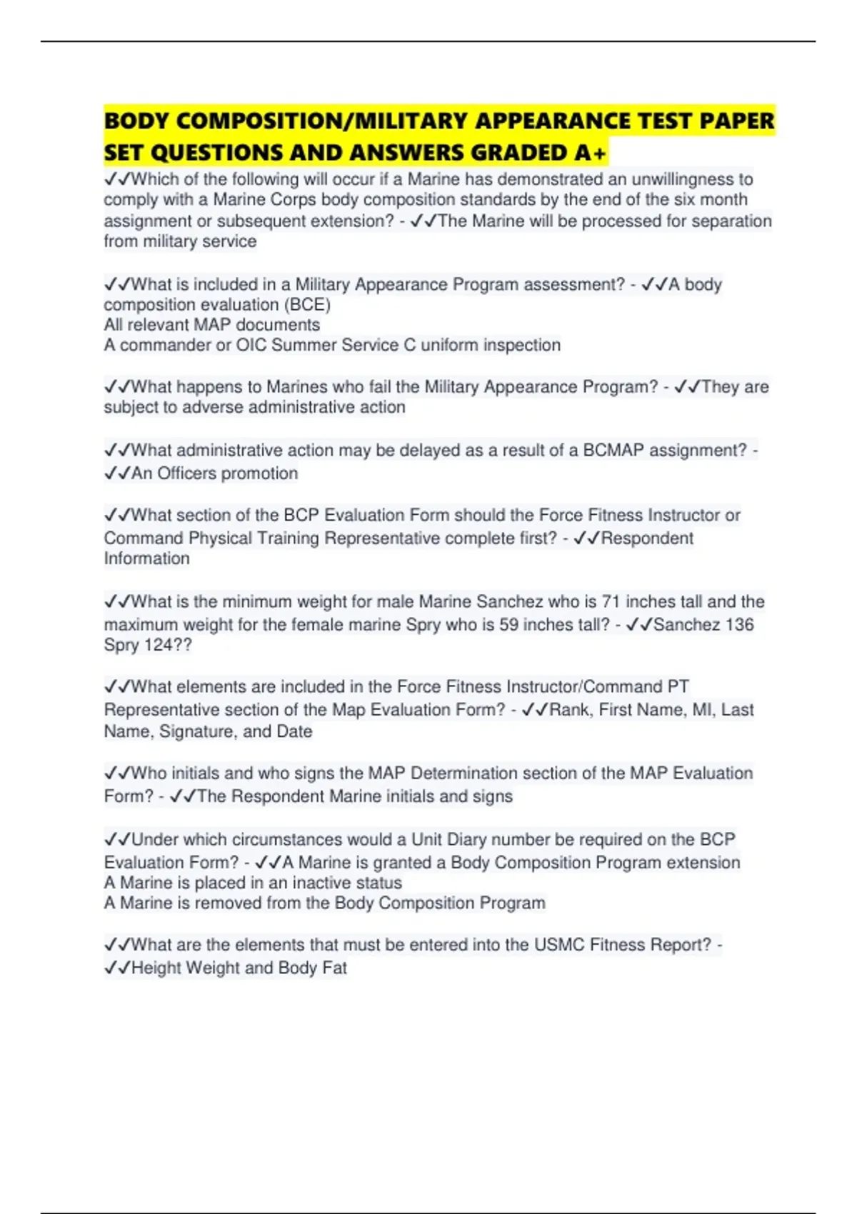 BODY COMPOSITION/MILITARY APPEARANCE TEST PAPER SET QUESTIONS AND ...