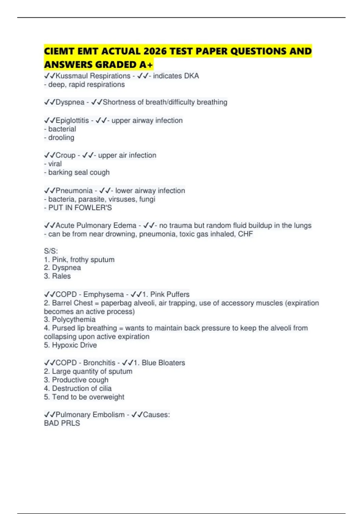 CIEMT EMT ACTUAL 2026 TEST PAPER QUESTIONS AND ANSWERS GRADED A+ ...