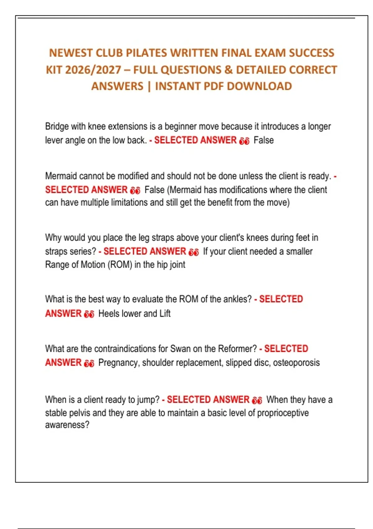 NEWEST CLUB PILATES WRITTEN FINAL EXAM SUCCESS KIT 2026/2027 – FULL ...