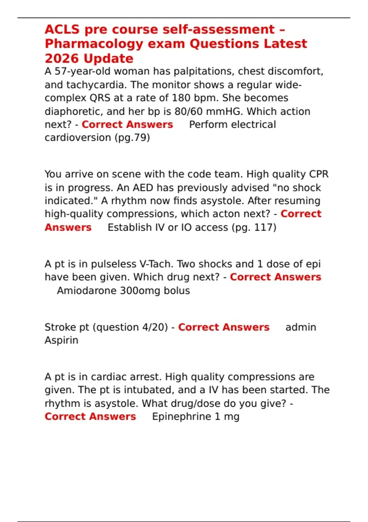 ACLS pre course self-assessment – Pharmacology exam Questions Latest ...