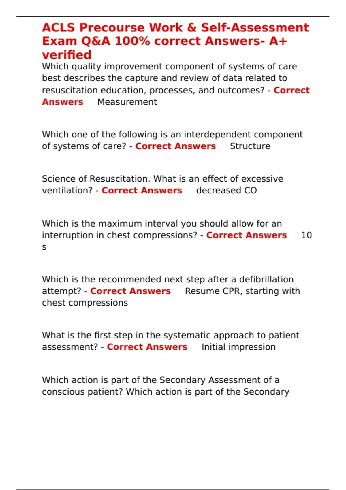 ACLS Precourse Work & Self-Assessment Exam Q&A 100- correct Answers- A+ ...