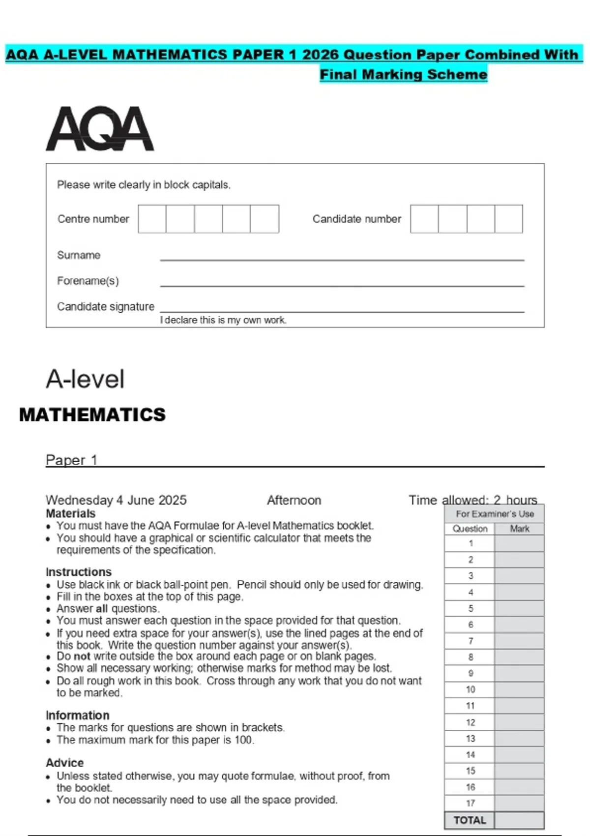 AQA A-LEVEL MATHEMATICS PAPER 1 2026 Question Paper Combined With Final ...