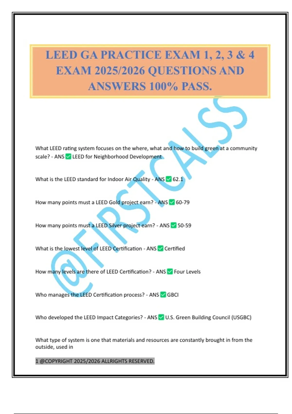 LEED GA PRACTICE EXAM 1, 2, 3 & 4 EXAM 2025/2026 QUESTIONS AND ANSWERS ...