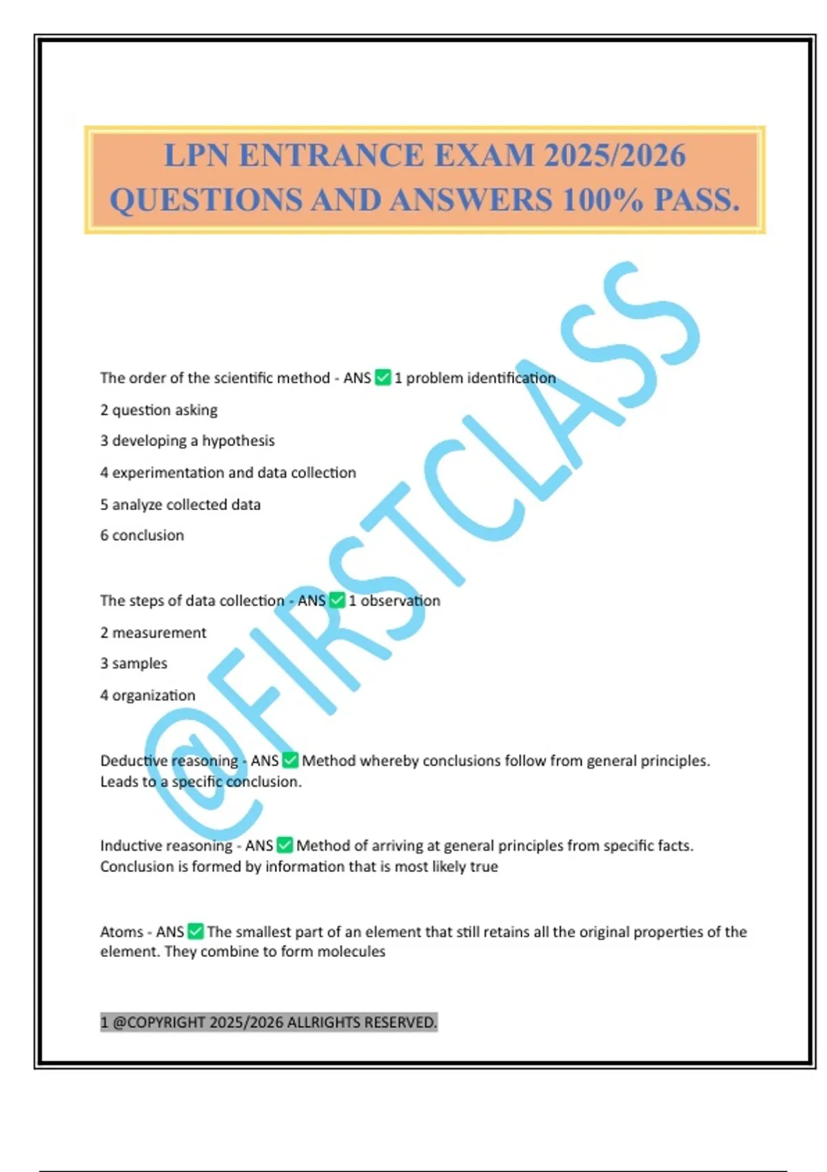 LPN ENTRANCE EXAM 2025/2026 QUESTIONS AND ANSWERS 100% PASS. - LPN ...