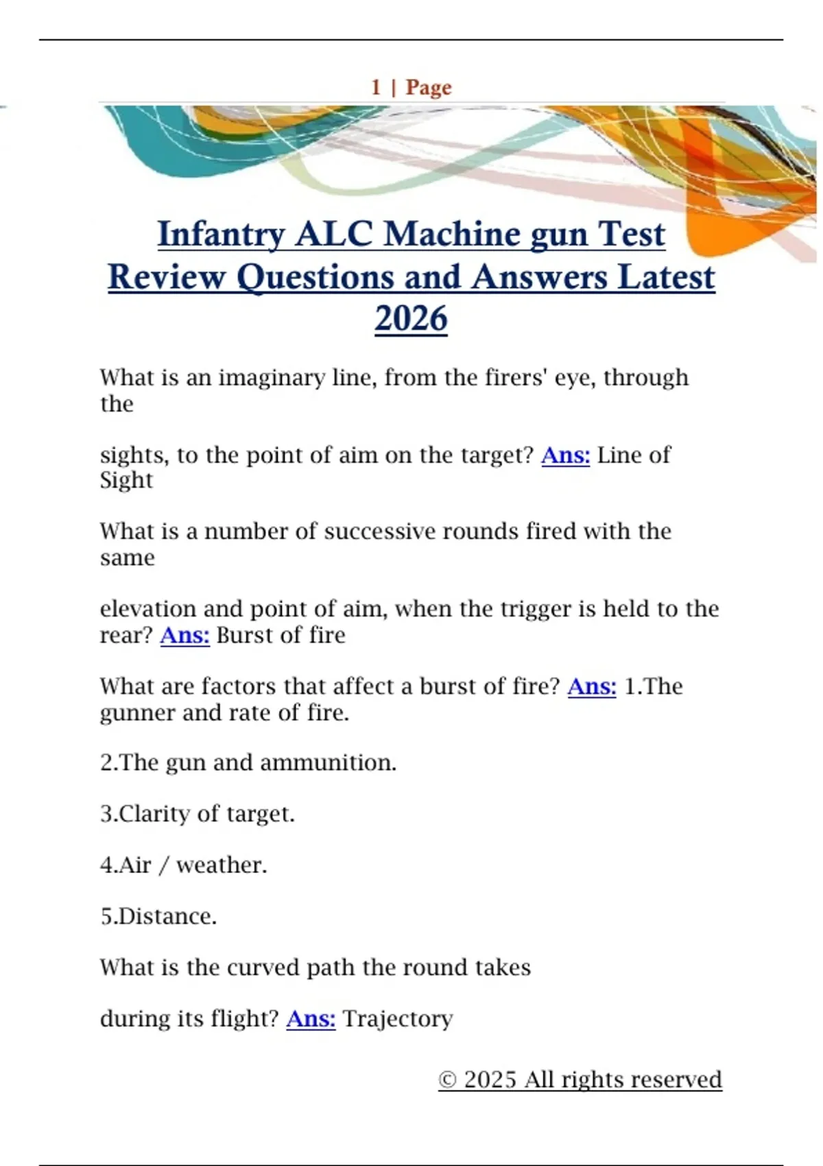 Infantry ALC Machine gun Test Review Questions and Answers Latest 2026 ...
