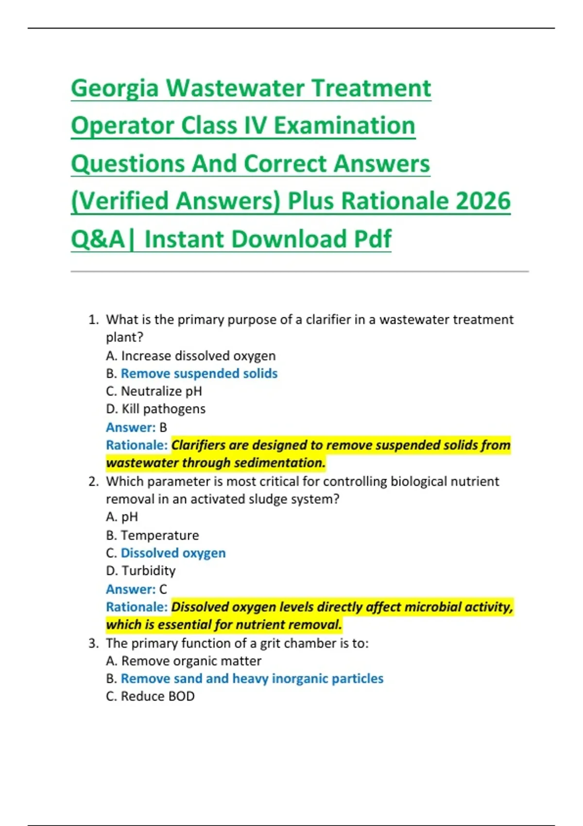 Georgia Wastewater Treatment Operator Class IV Examination Questions ...