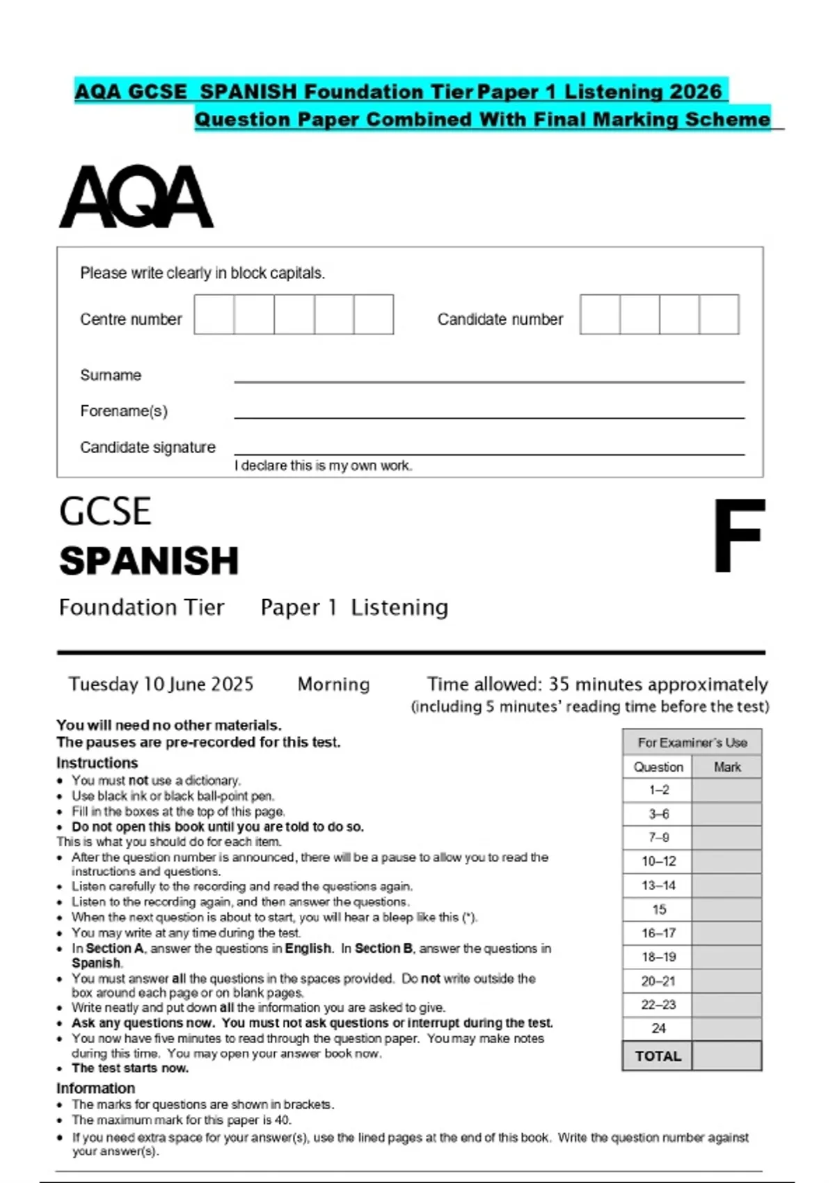 AQA GCSE SPANISH Foundation Tier Paper 1 Listening 2026 Question Paper ...