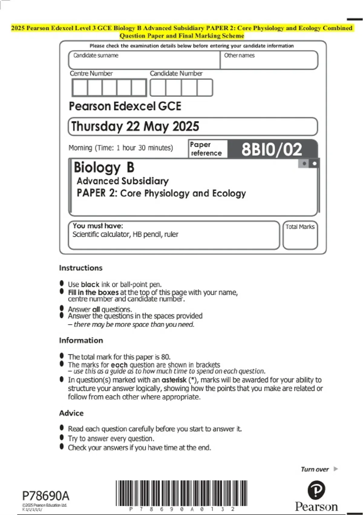 2025 Pearson Edexcel Level 3 GCE Biology B Advanced Subsidiary PAPER 2 ...