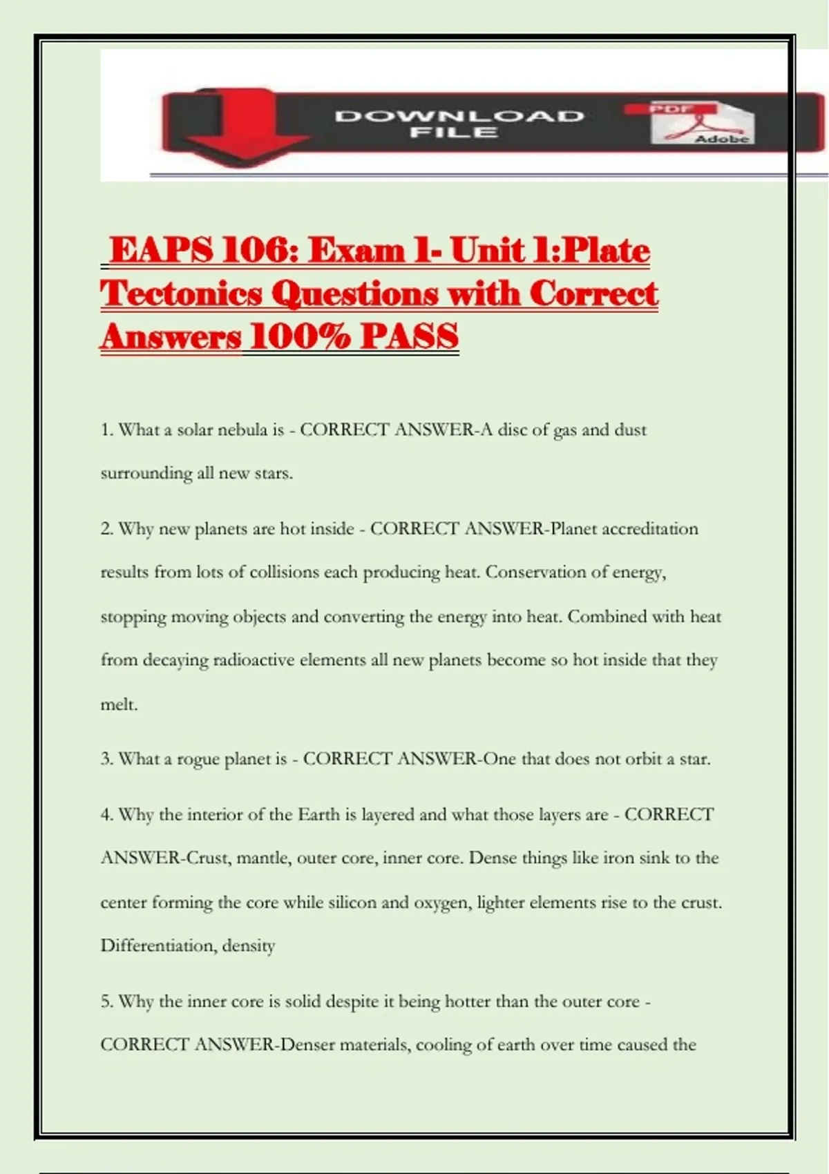 EAPS 106: Exam 1- Unit 1:Plate Tectonics Questions with Correct Answers ...