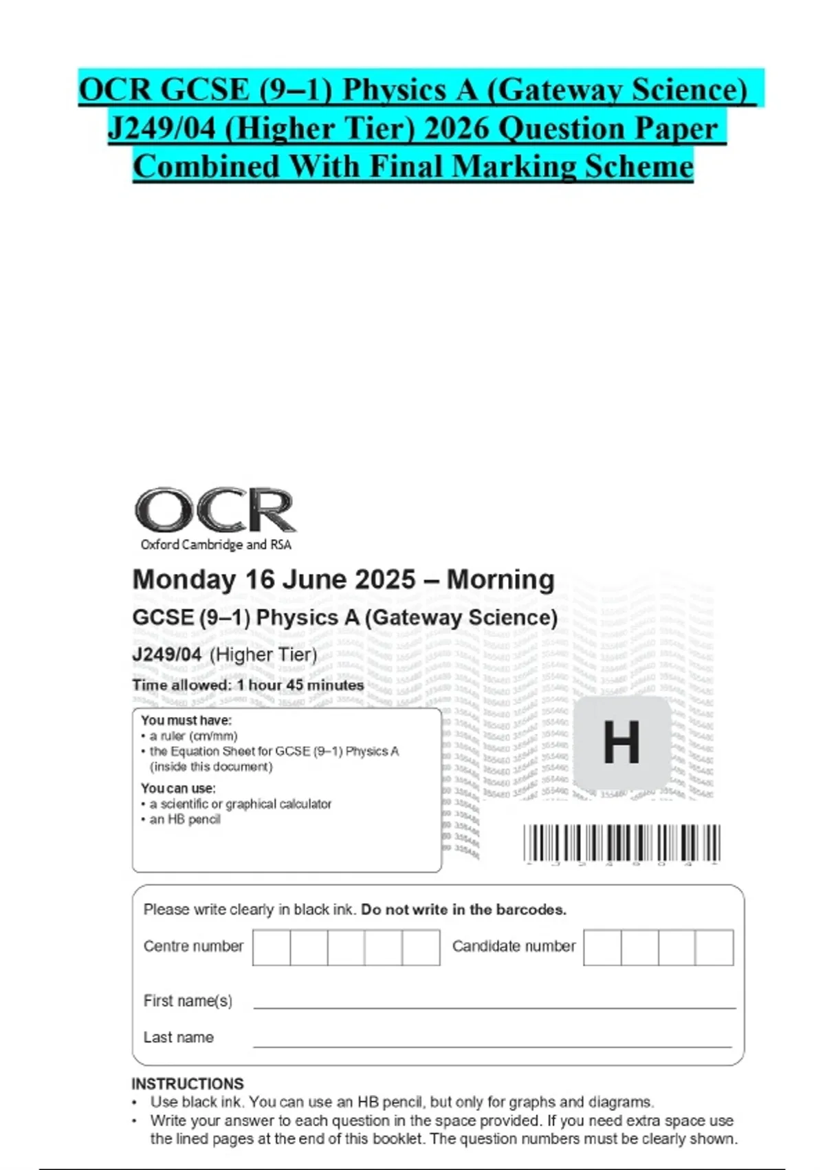 OCR GCSE (9–1) Physics A (Gateway Science) J249/04 (Higher Tier) 2026 ...