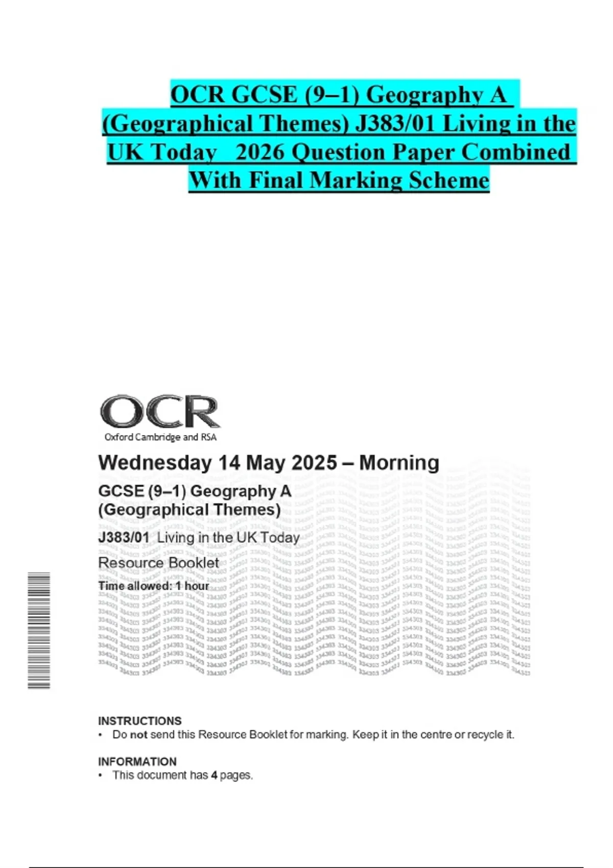 OCR GCSE (9–1) Geography A (Geographical Themes) J383/01 Living in the UK Today 2026 Question ...