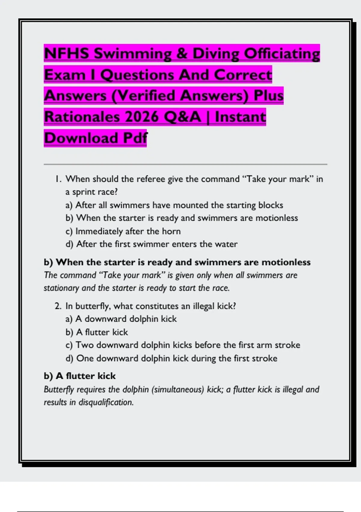 NFHS Swimming & Diving Officiating Exam I Questions And Correct Answers ...
