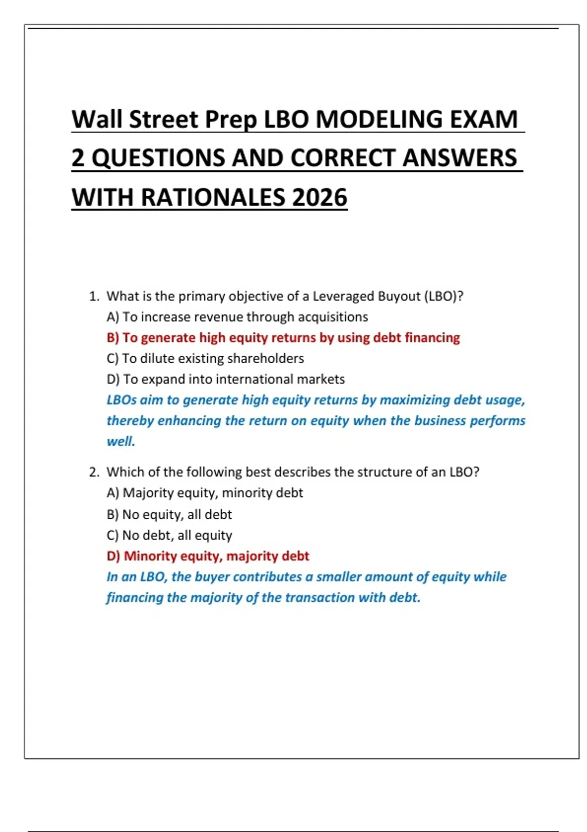 Wall Street Prep LBO MODELING EXAM 2 QUESTIONS AND CORRECT ANSWERS WITH ...