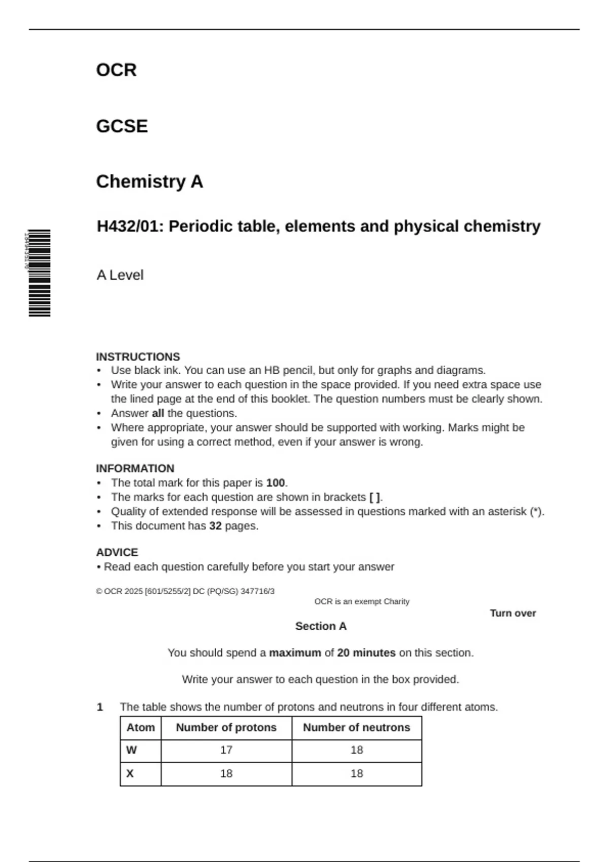 OCR A Level Chemistry 2025 H432/01 Periodic Table, Elements & Physical ...