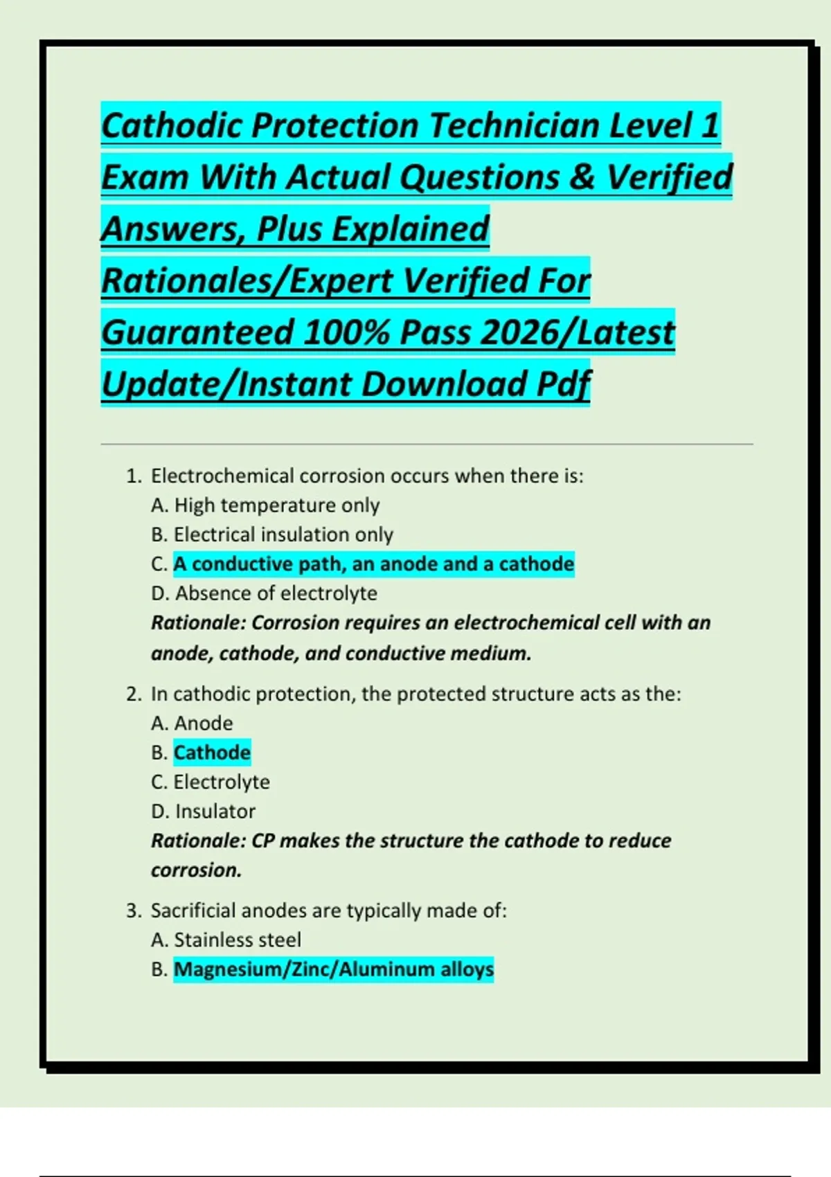 Cathodic Protection Technician Level 1 Exam With Actual Questions ...