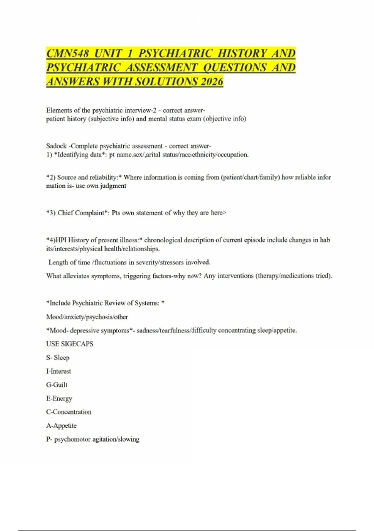 CMN548 UNIT 1 PSYCHIATRIC HISTORY AND PSYCHIATRIC ASSESSMENT QUESTIONS ...