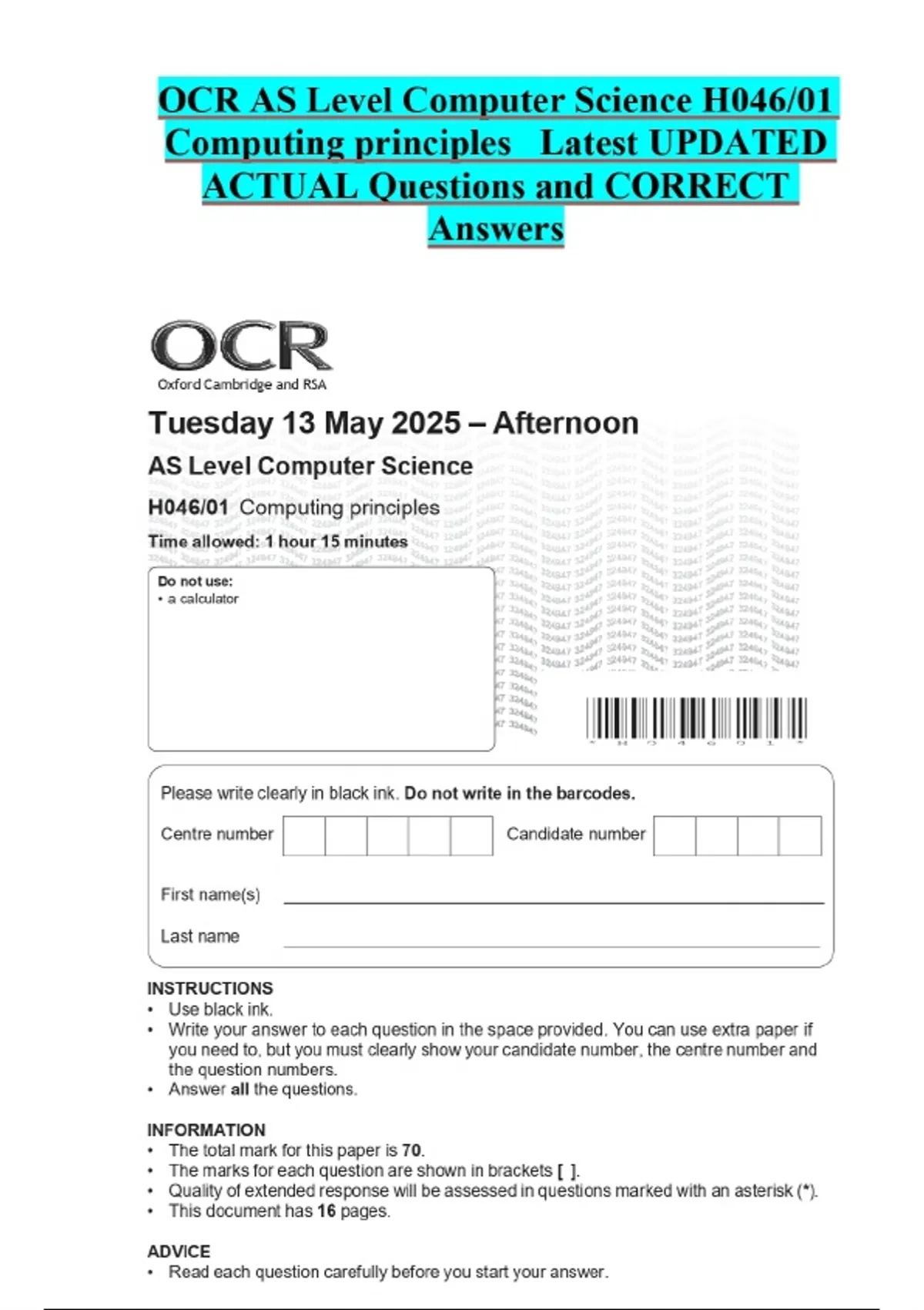 OCR AS Level Computer Science H046/01 Computing principles Latest ...