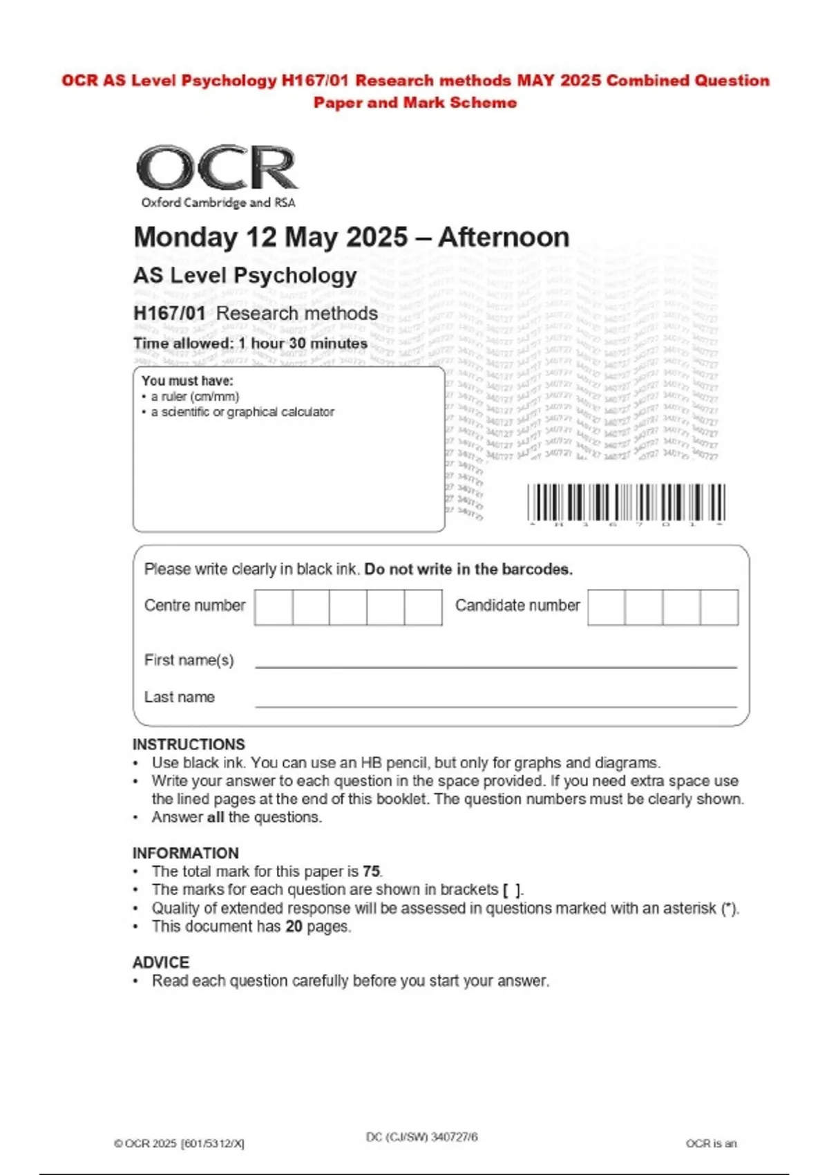 OCR AS Level Psychology H167/01 Research methods MAY 2025 Combined ...