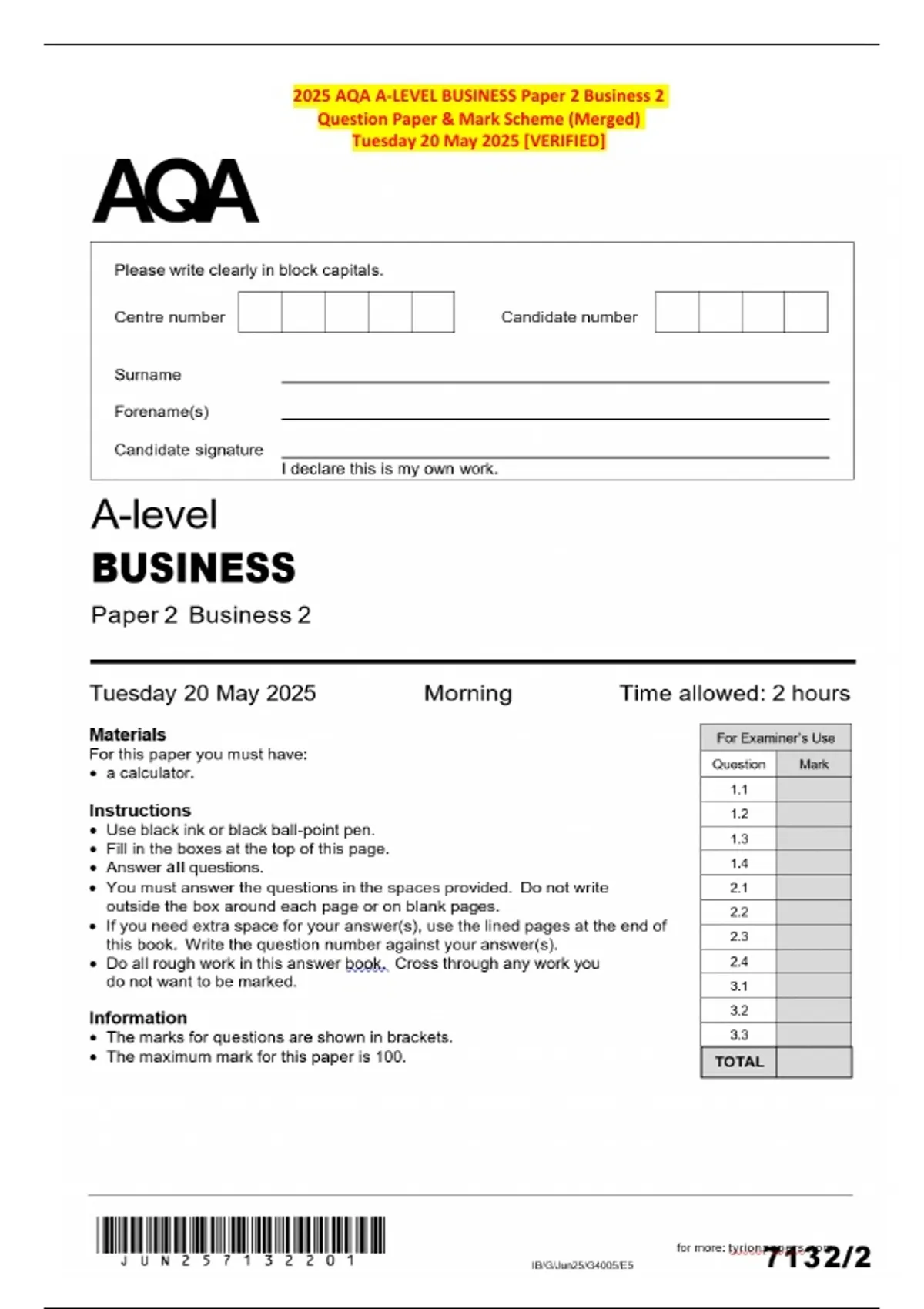 2025 AQA A-LEVEL BUSINESS Paper 2 Business 2 Question Paper & Mark ...
