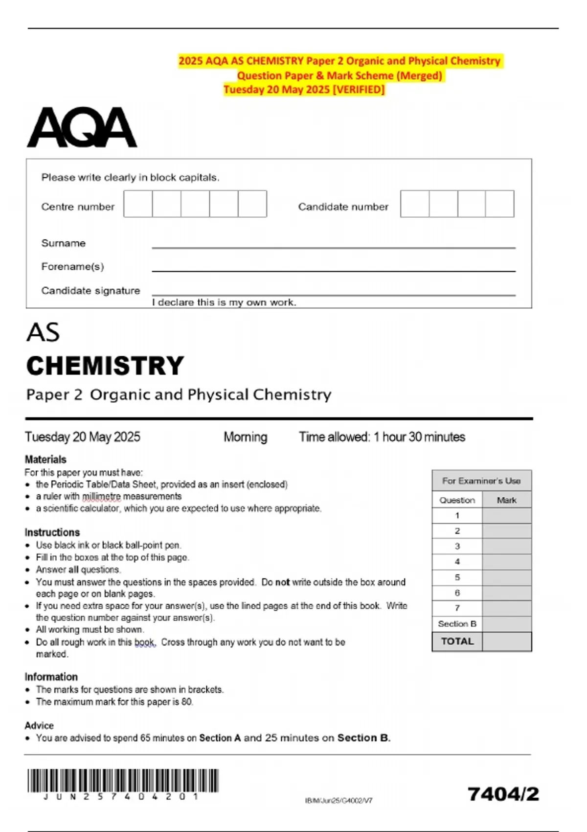 2025 AQA AS CHEMISTRY Paper 2 Organic and Physical Chemistry Question ...