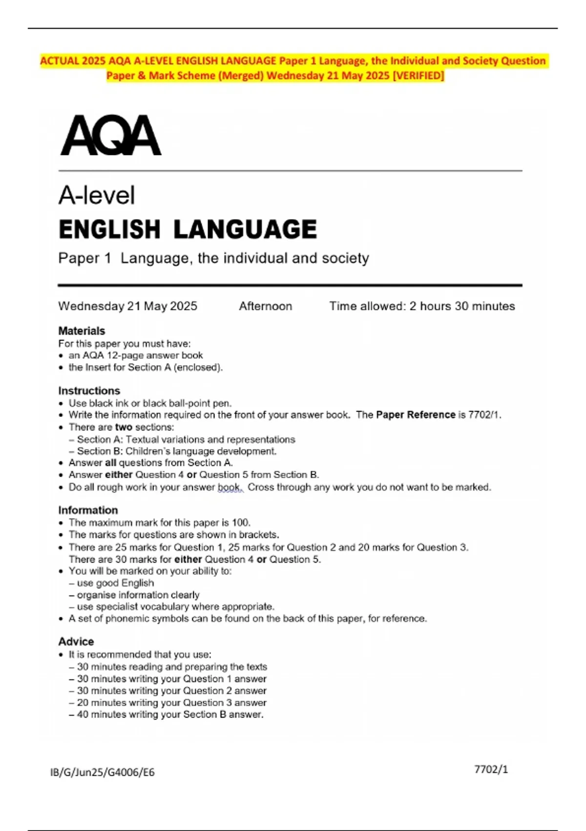 ACTUAL 2025 AQA A-LEVEL ENGLISH LANGUAGE Paper 1 Language, the ...